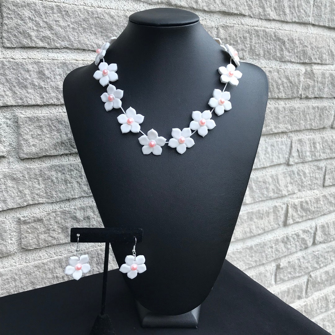 White Flower Necklace and Earrings With Pink Pearls, Polymer Clay ...