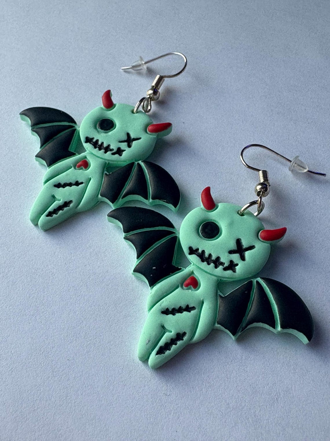 Green Devil Voodoo Doll With Horns and Bat Wings Polymer Clay Earrings ...