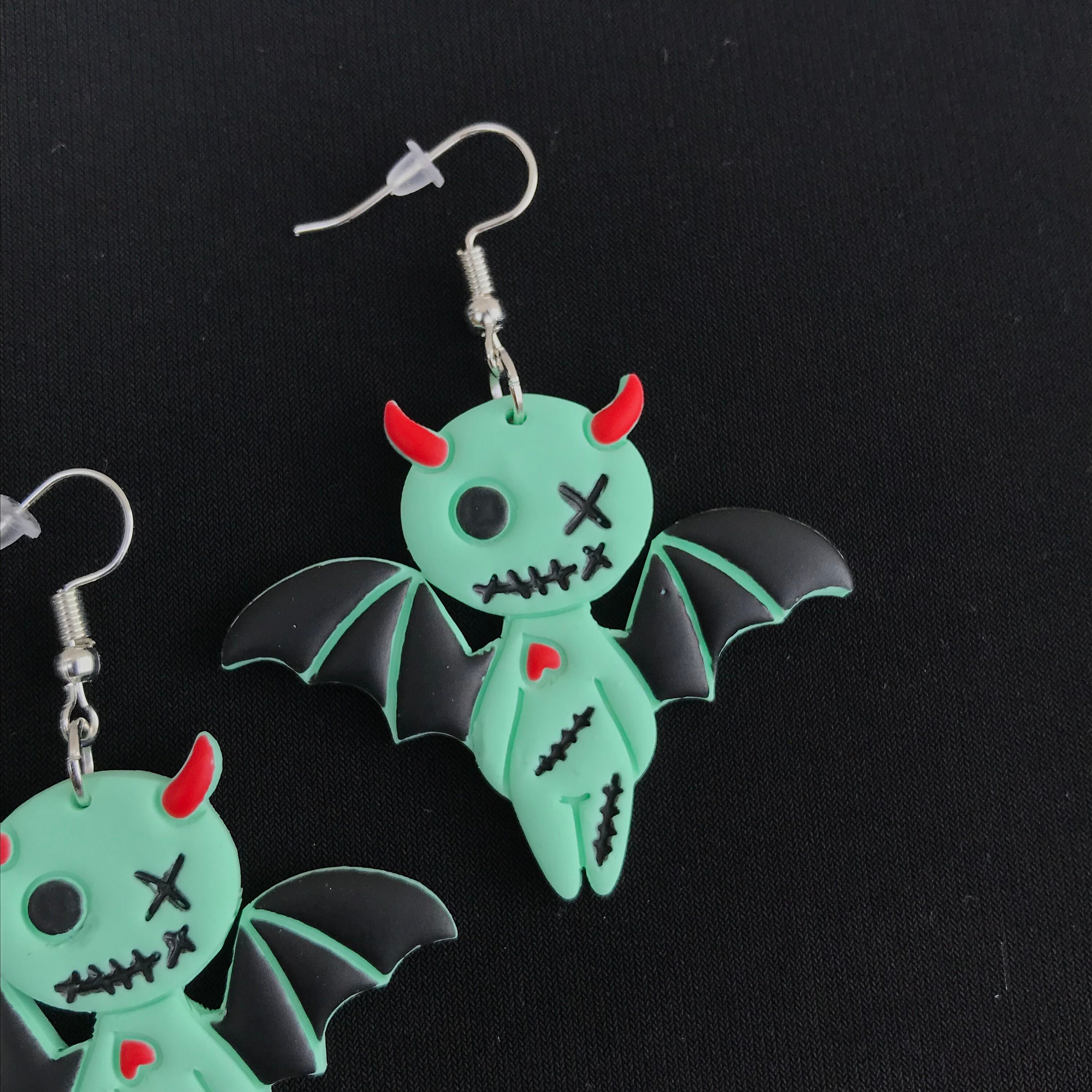 Green Devil Voodoo Doll With Horns and Bat Wings Polymer Clay Earrings ...