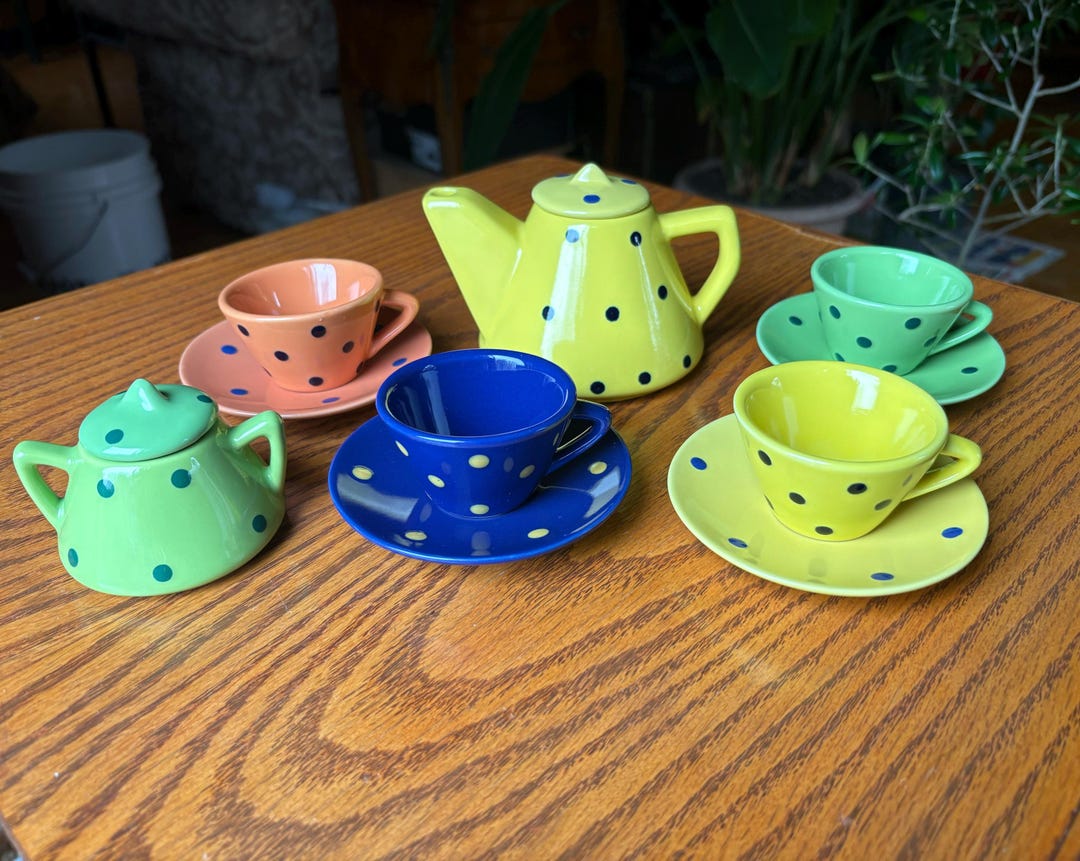 Vintage Mini Polka Dot Tea Set, Yellow, Green, Blue, Orange, Tea Cups ...