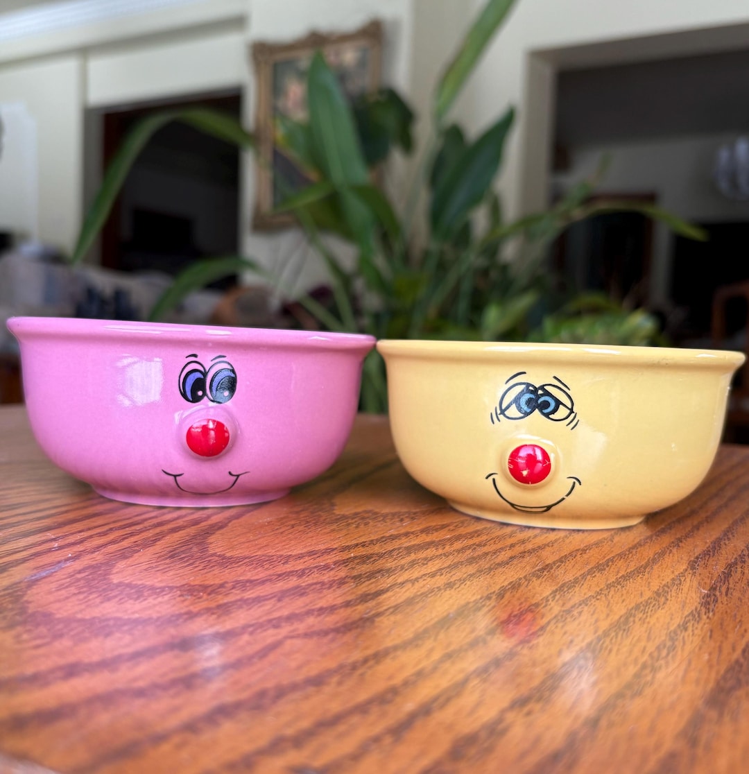 Vintage Funny Face Smiley Face Pink and Yellow Ceramic Bowls ...