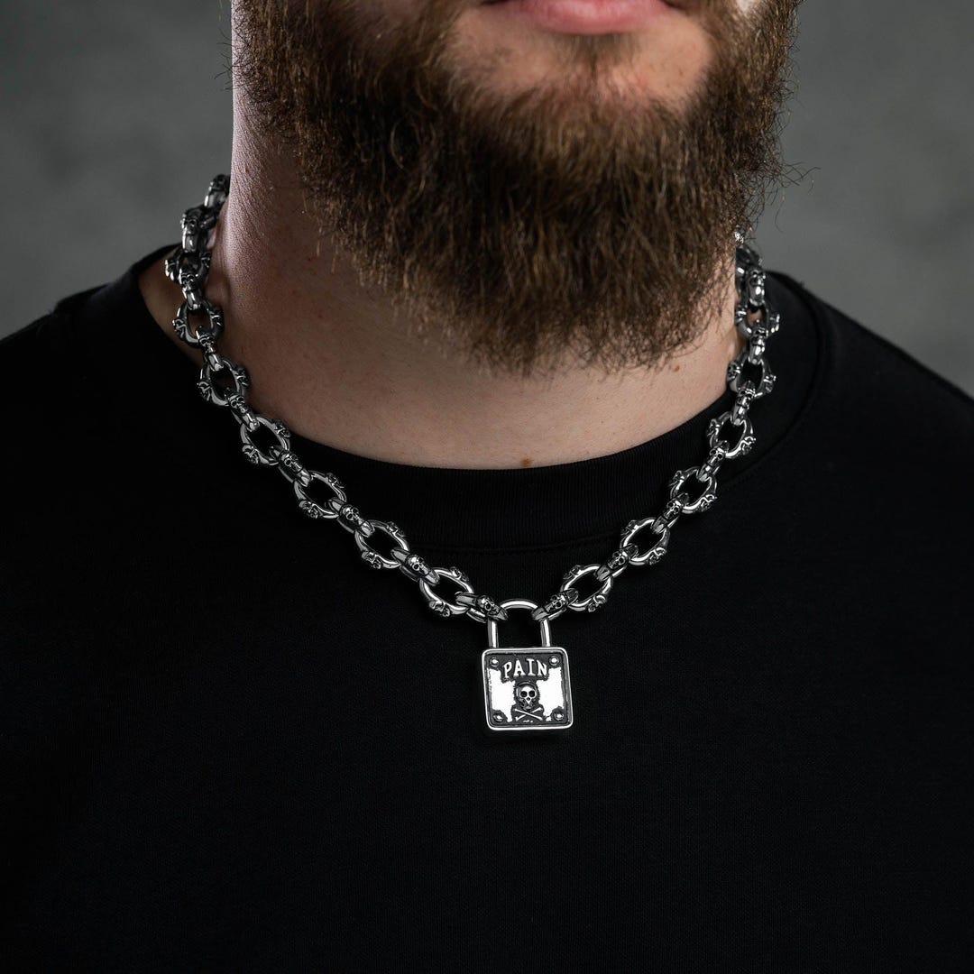 Heavy Duty Skull Padlock Pendant Necklace Chain, 316L Stainless Steel ...