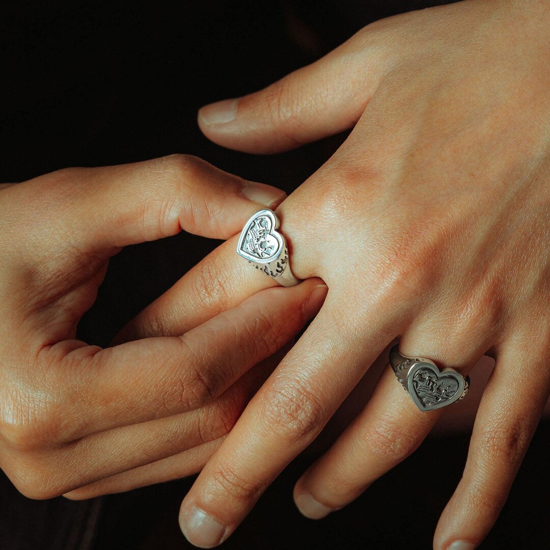 925 Sterling Silver Skull Heart Ring, Goth Jewelry, Gothic, Flames ...