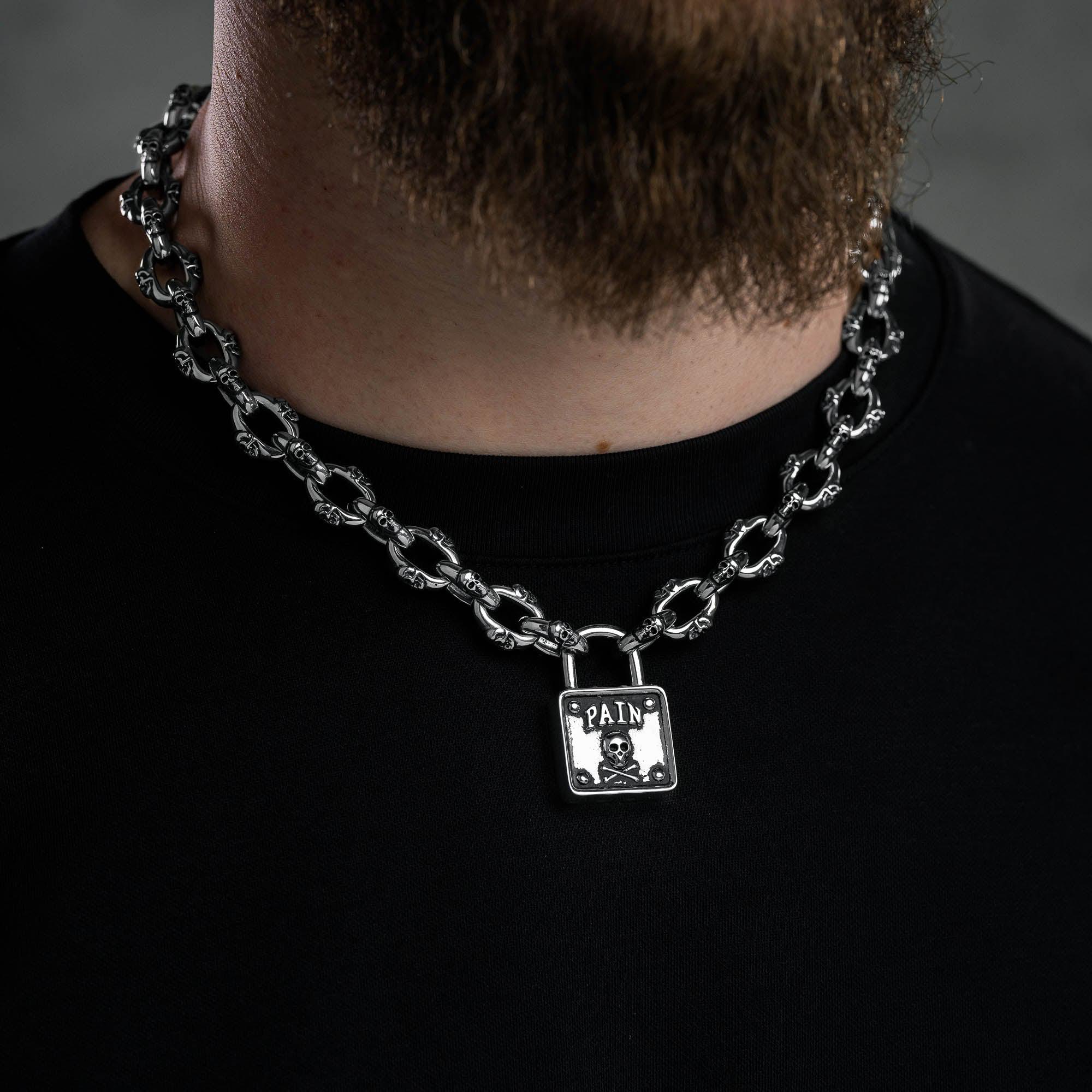 Heavy Duty Skull Padlock Pendant Necklace Chain, 316L Stainless Steel ...