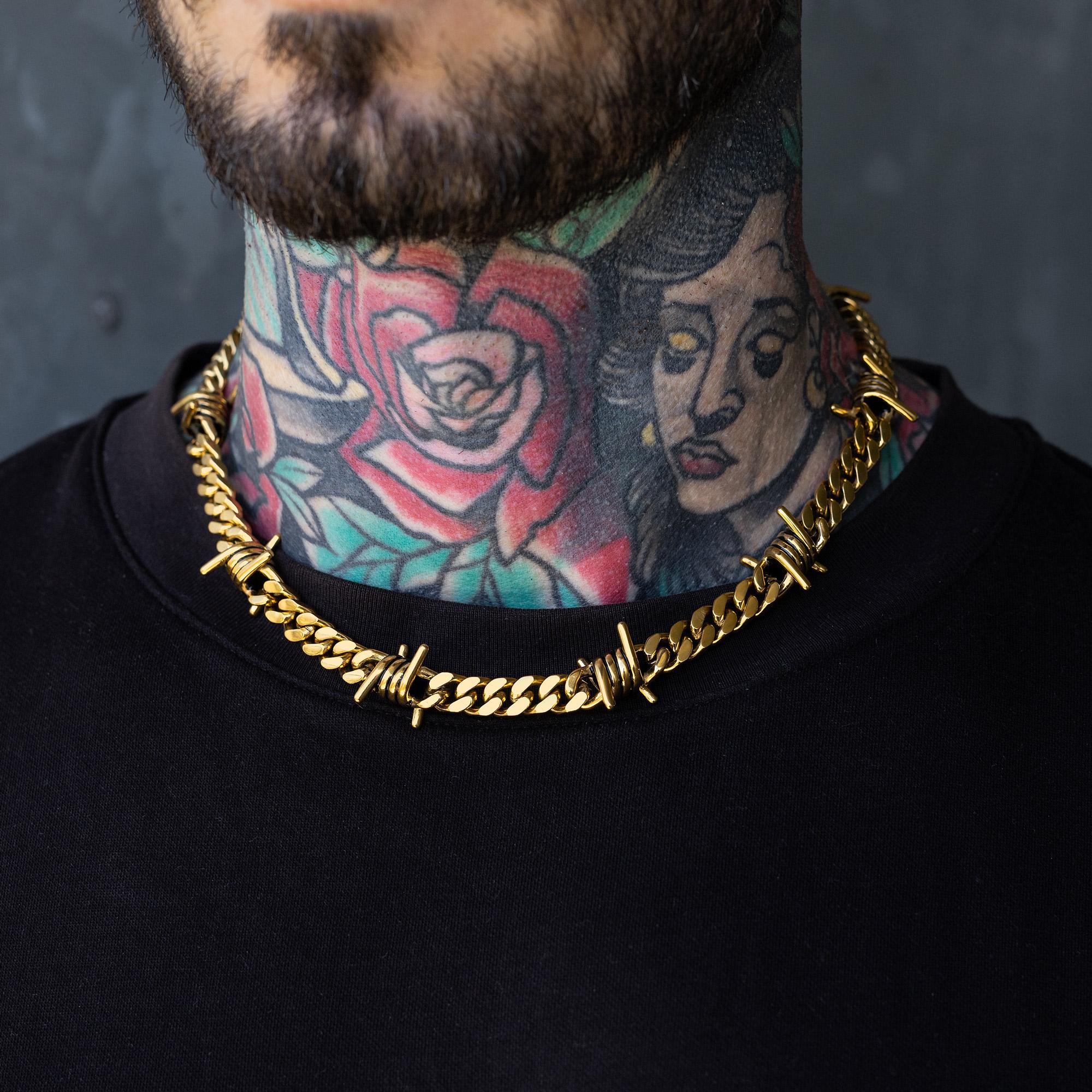 9mm Barbed Wire Necklace, Cuban Link Chain, 18k Gold Plated, 316L ...