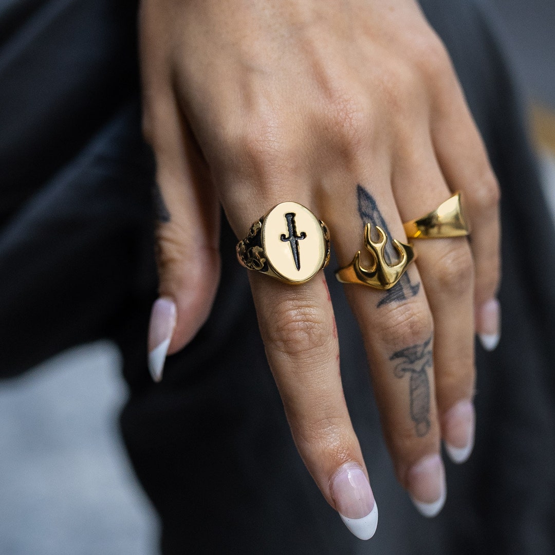 Graveyard Signet Ring, 18k Gold Plated, 316L Stainless Steel, Skull ...