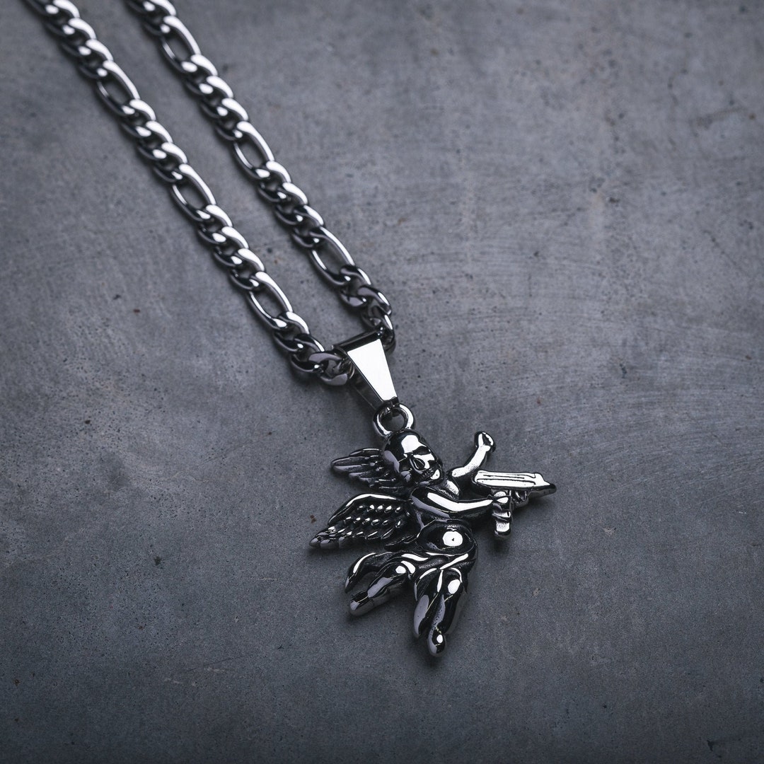 Death's Cupid, Angel Pendant Necklace, 316L Stainless Steel Silver ...