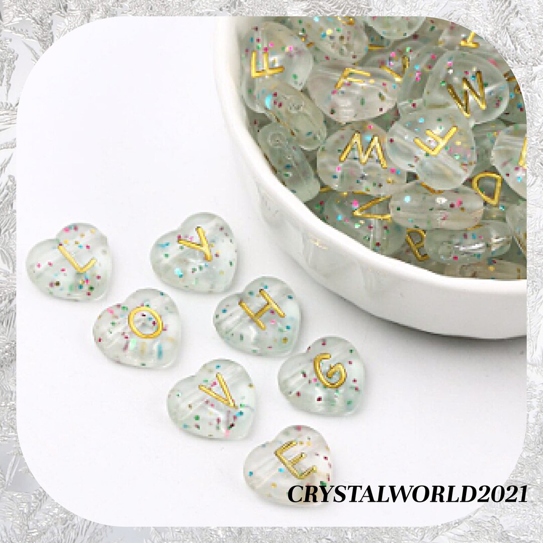 52 11MM Clear Glitter Gold Alphabet Beads Heart Shaped Alphabet Beads ...