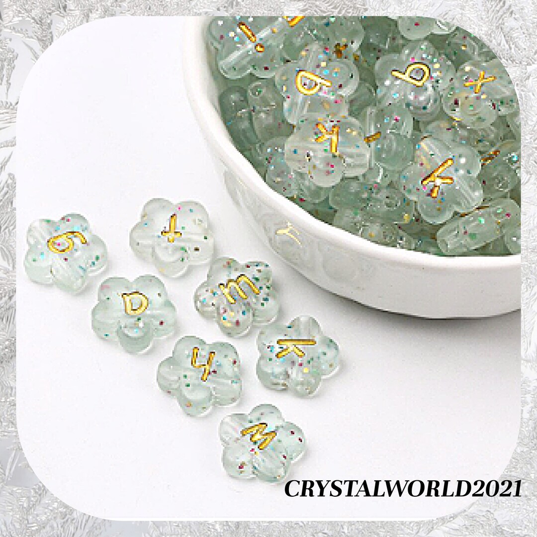 52 11MM Clear Glitter Gold Alphabet Beads Flower Shaped Alphabet Beads ...