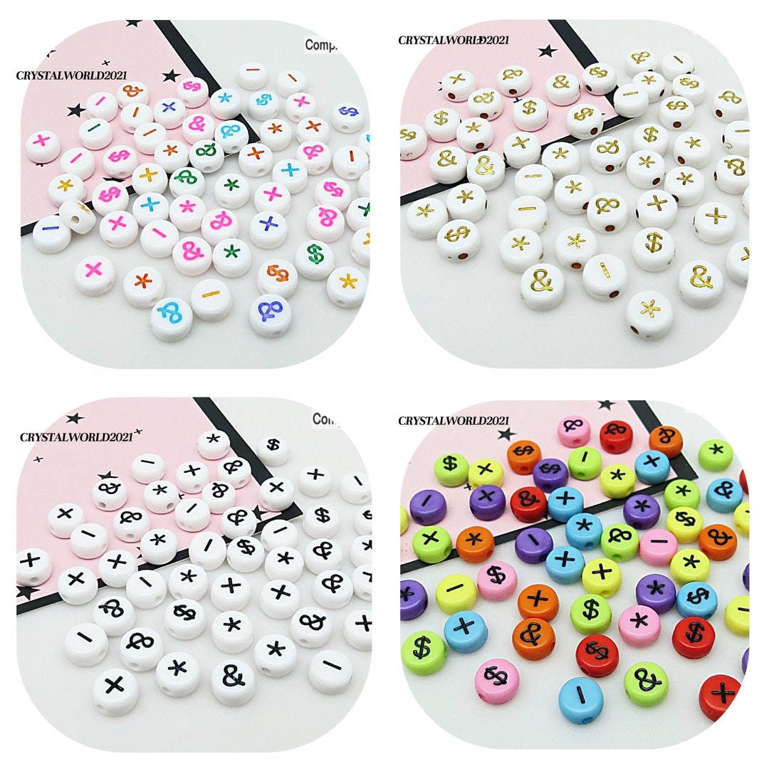 100 4X7MM Flat Round Random Acrylic Symbol Beads for Jewellery Making ...