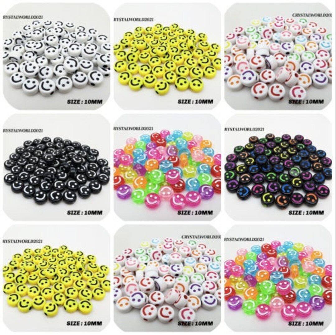 50/200 10MM X 5MM Acrylic Flat Round Multicoloured Smiley Face Beads ...