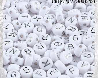 100 Pcs White Acrylic Single Letter Coin Beads A Z Disc Alphabet Bead ...