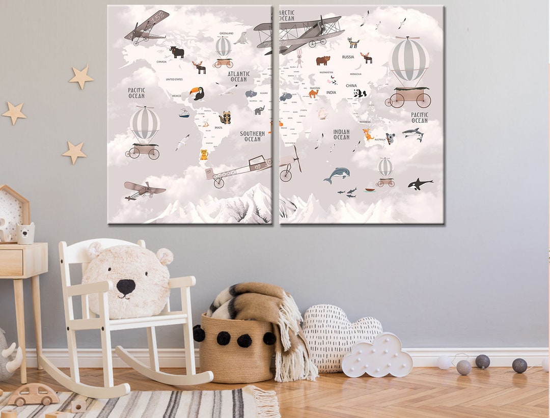 World Animal Map Art Print Cartoon World Map Print First Map of the ...