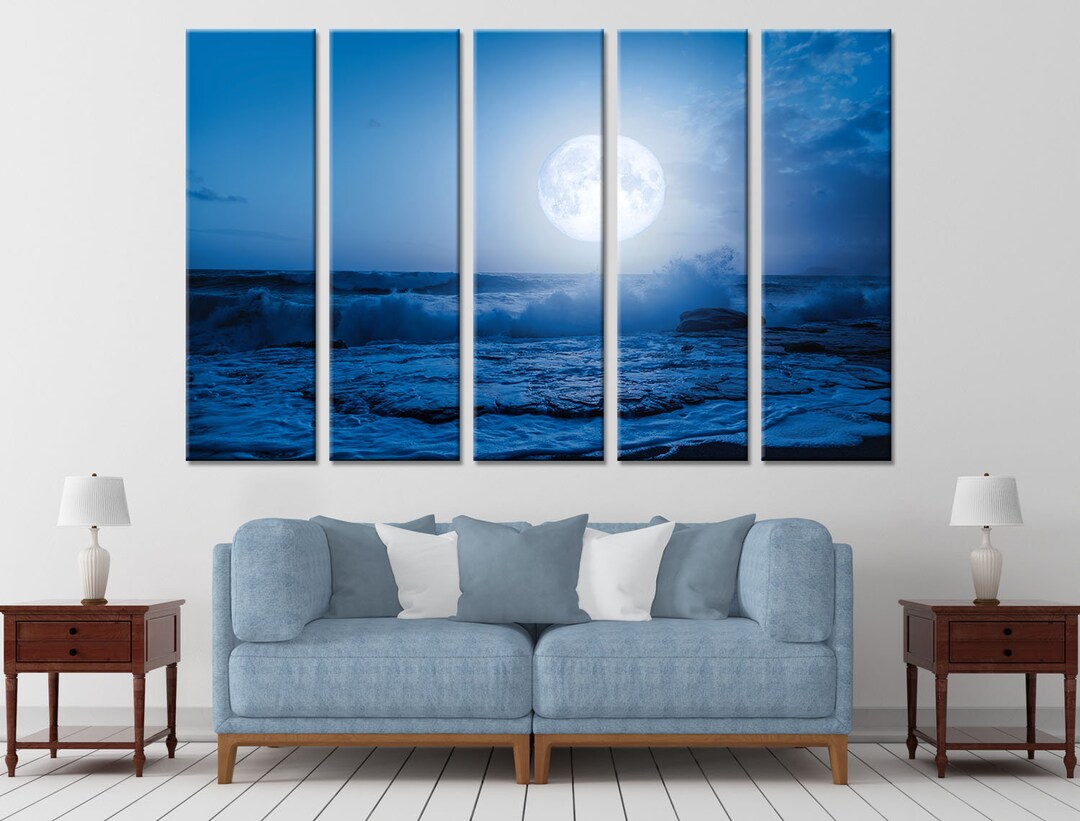 Seascape Moon on Canvas Full Moon Wall Decor Moon Line Art Print ...