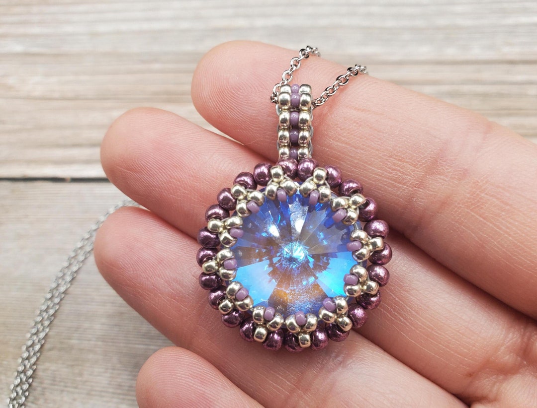 Hubble Stitch Rivoli Pendant, Sparkly Crystal Bezeled With Seed Beads in Shades of Metallic ...