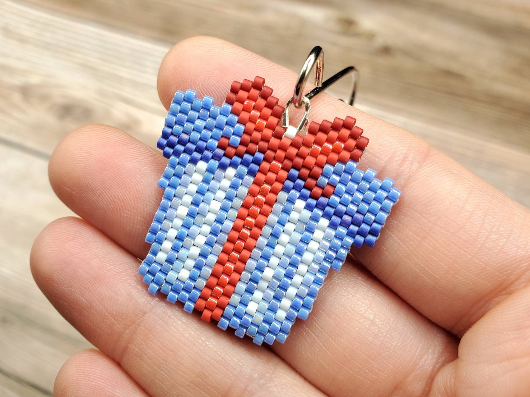 Beaded Brick Stitch Blue and Red Striped Present Ornament - Etsy