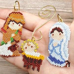 Nativity Set of Ornaments, Mary, Joseph, and Baby Jesus, Beaded Brick ...