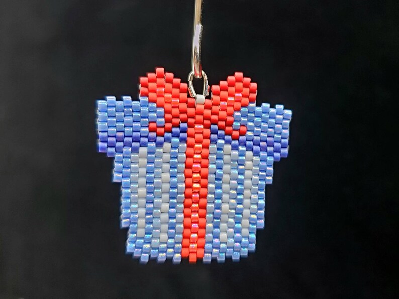 Beaded Brick Stitch Blue and Red Striped Present Ornament - Etsy