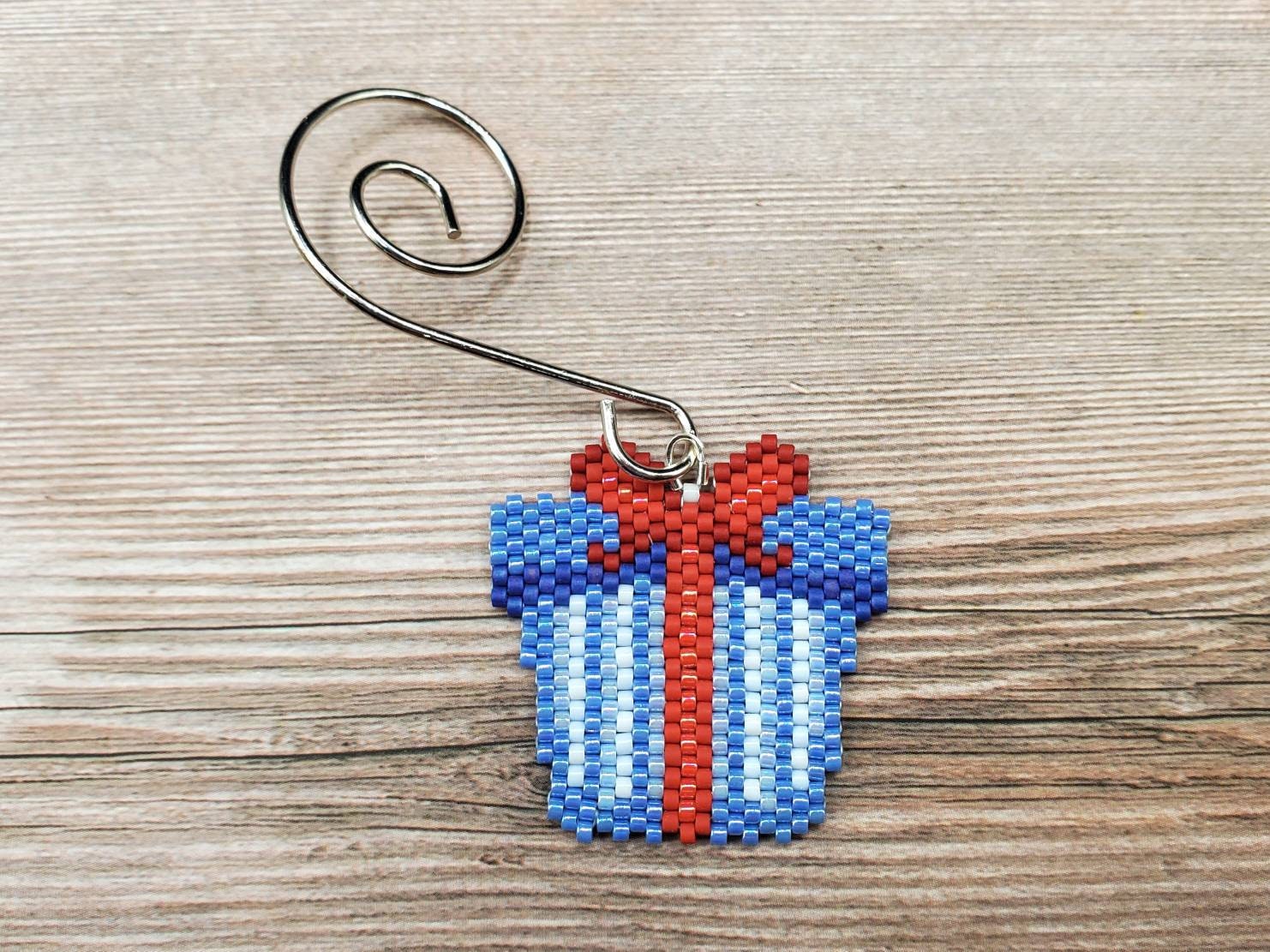 Beaded Brick Stitch Blue and Red Striped Present Ornament, Christmas ...