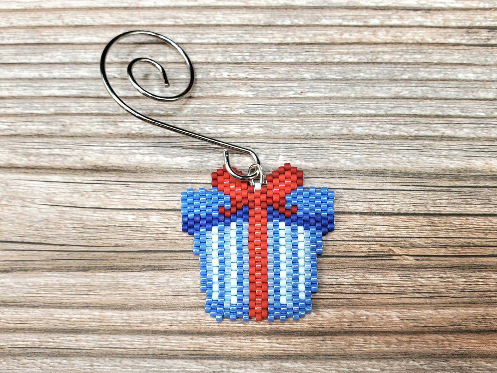 Beaded Brick Stitch Blue and Red Striped Present Ornament, Christmas ...