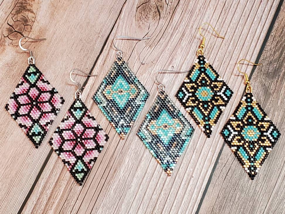 Brick Stitch Beaded Diamond Shaped Earrings, Three Pattern Options ...