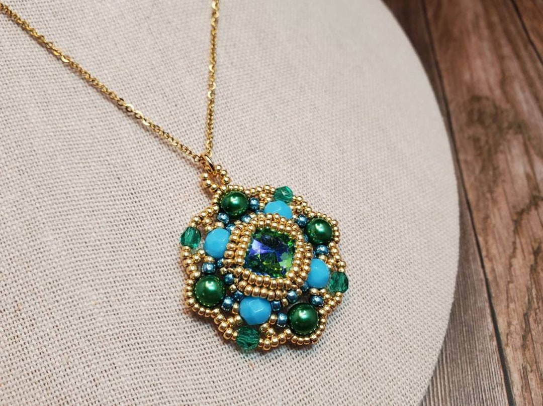 Rivoli Oasis Beaded Pendant Necklace, Green, Blue, and Gold Colored ...