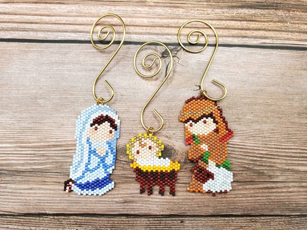 Nativity Set of Ornaments, Mary, Joseph, and Baby Jesus, Beaded Brick ...
