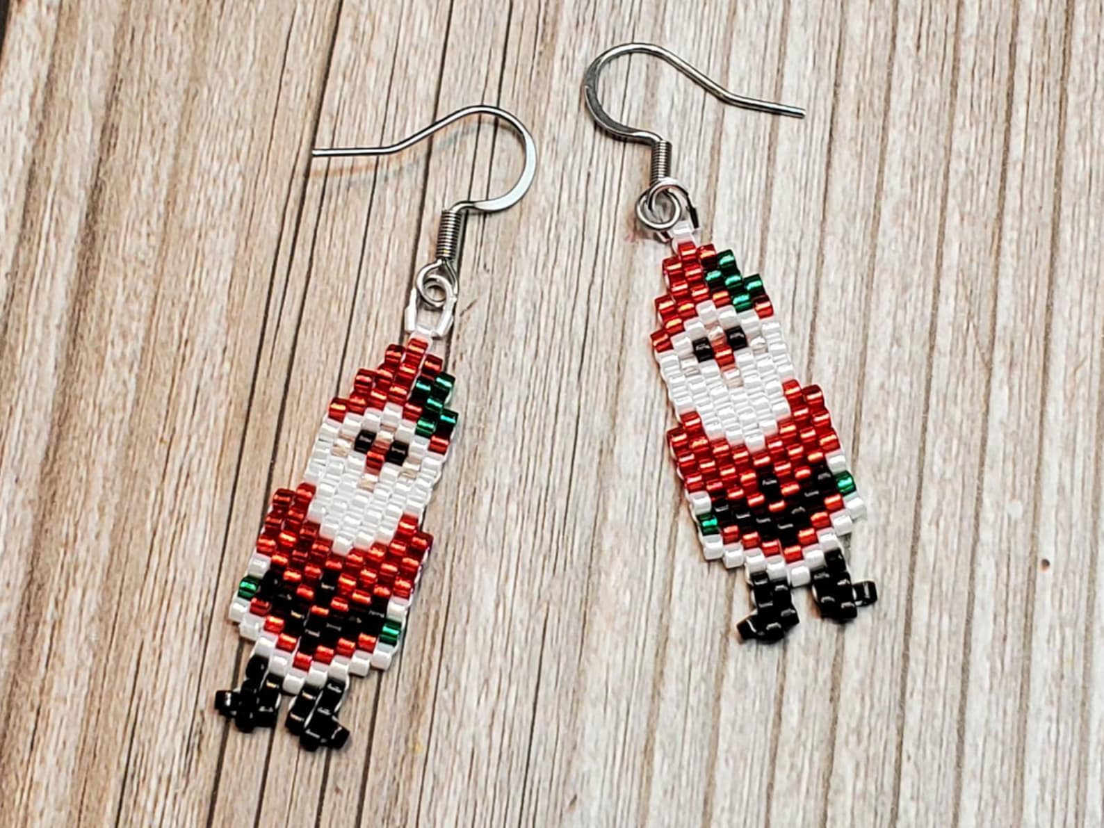 Santa Claus Brick Stitch Beaded Earrings, Shiny Red, Green, and White ...