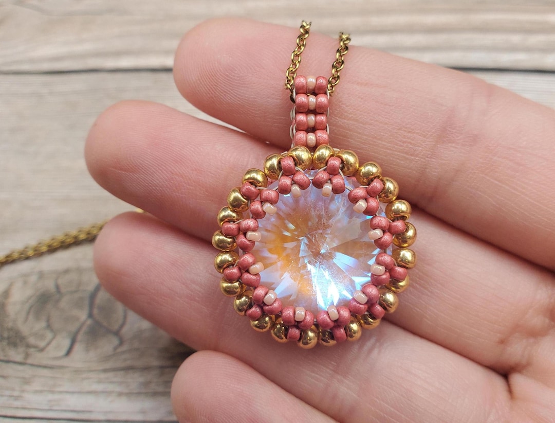 Hubble Stitch Rivoli Pendant, Sparkly Crystal Bezeled With Seed Beads in Shades of Peach, Pink ...