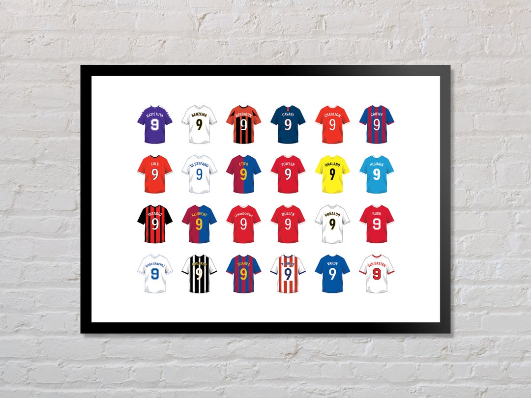 Football's Greatest No. 9s / Goalscorers POSTER / Famous Soccer Jerseys ...