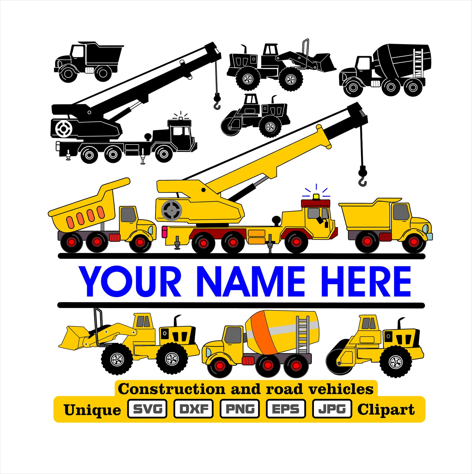 Construction and Road Vehicles Clip Art Dxf Svg Png Eps Jpg for Cutting ...