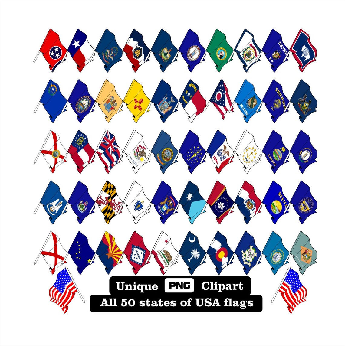USA State Flags PNG Clipart: All 50 States + American Flag (digital ...