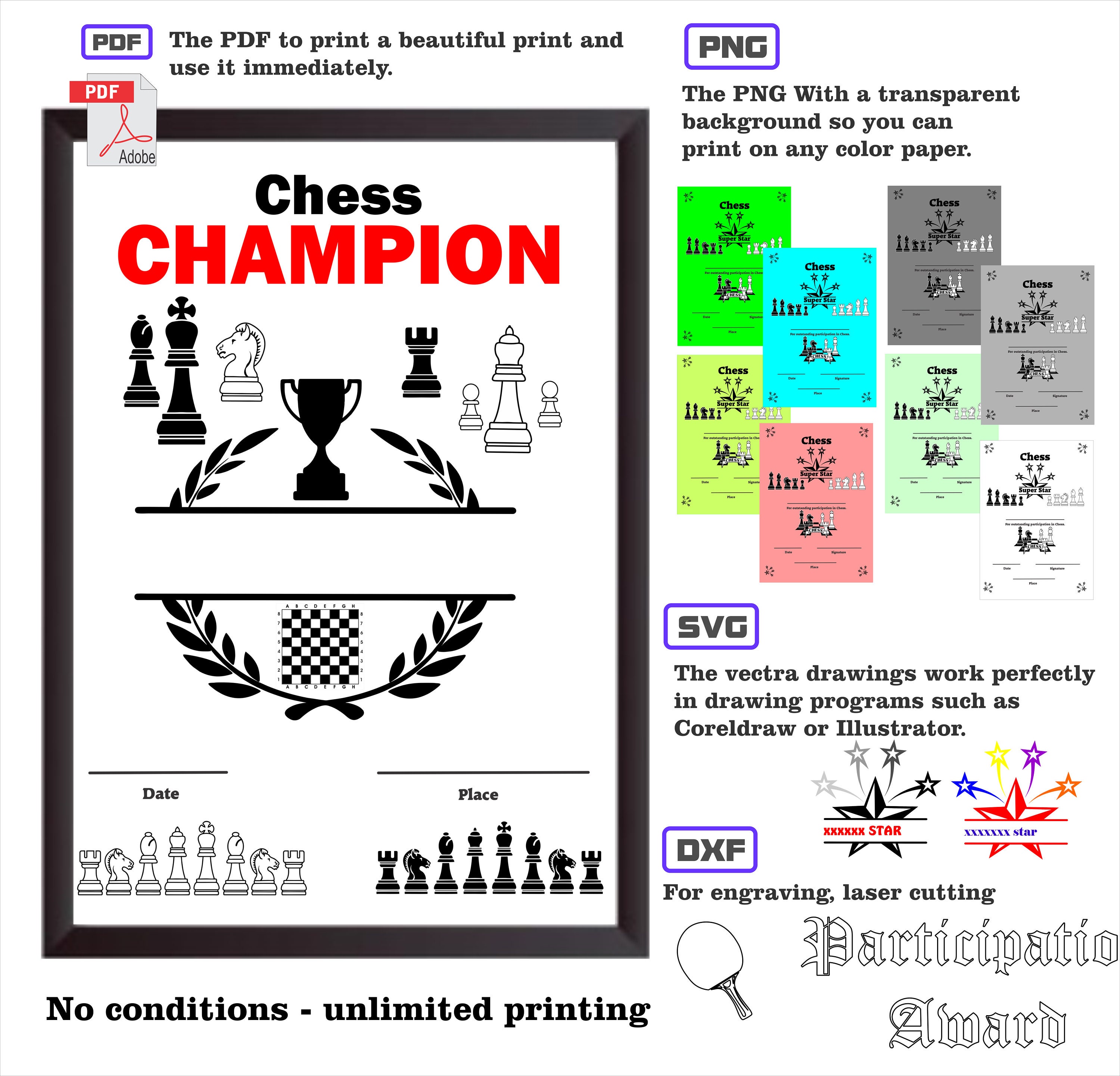 Unique Chess Certificates as Pdf-dxf-svg-png Files for Direct Printing ...