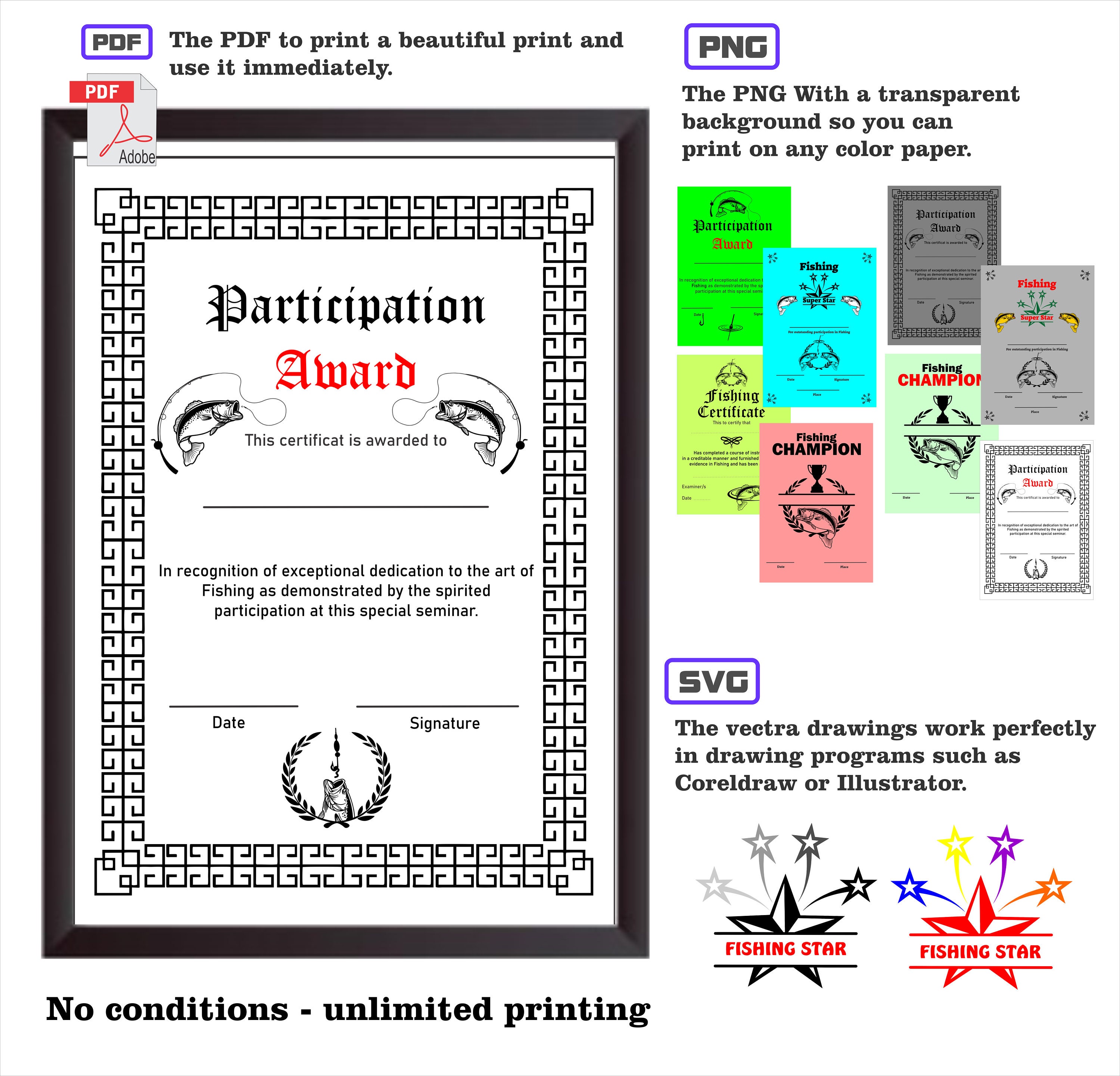 Unique Fishing Certificates as Pdf-dxf-svg-png Files for Direct ...