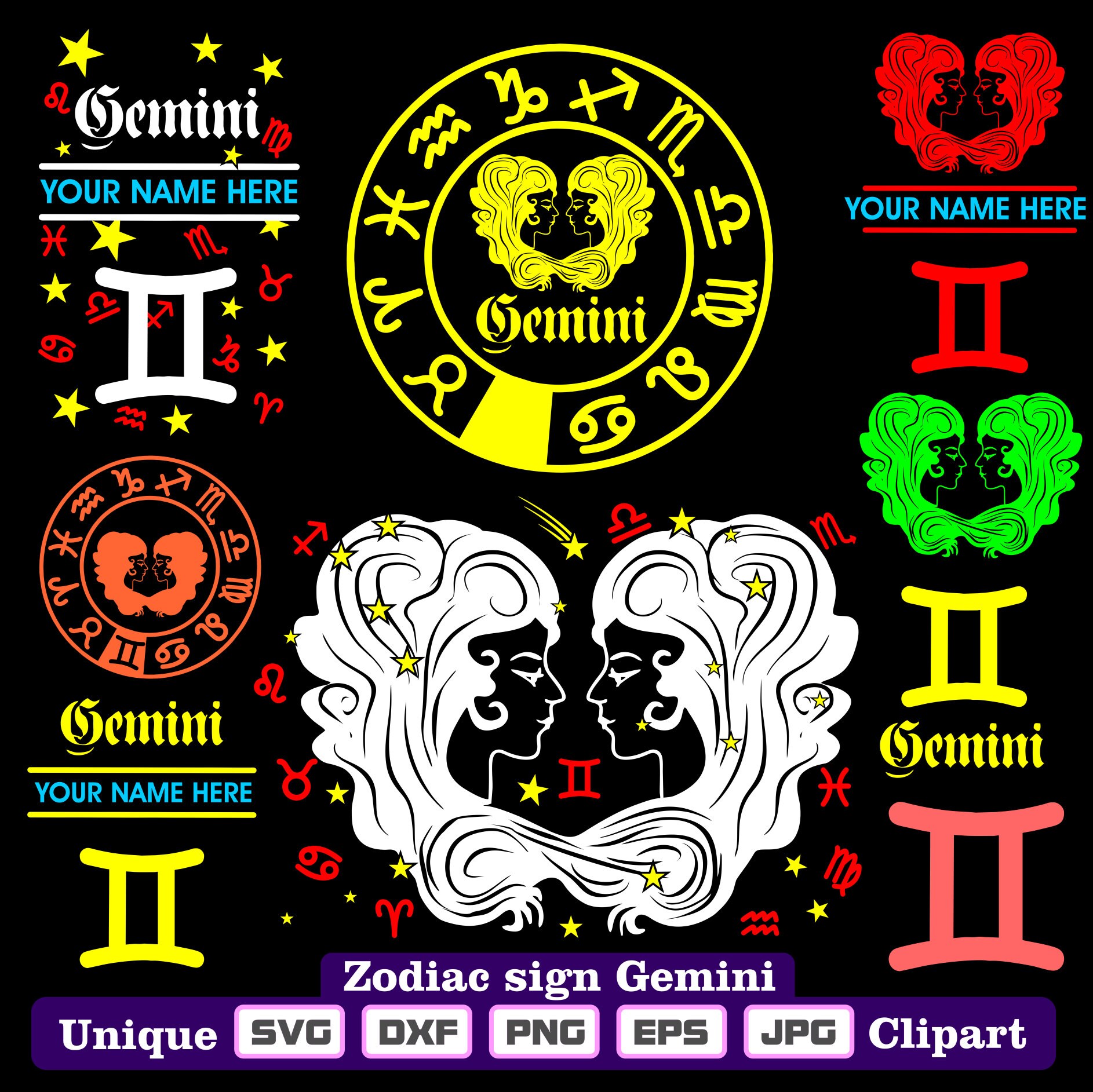 Zodiac Twin Sign Gemini Clip Art Dxf Svg, Png,eps, Jpg, for Shirt Design, Clothing Imprint ...
