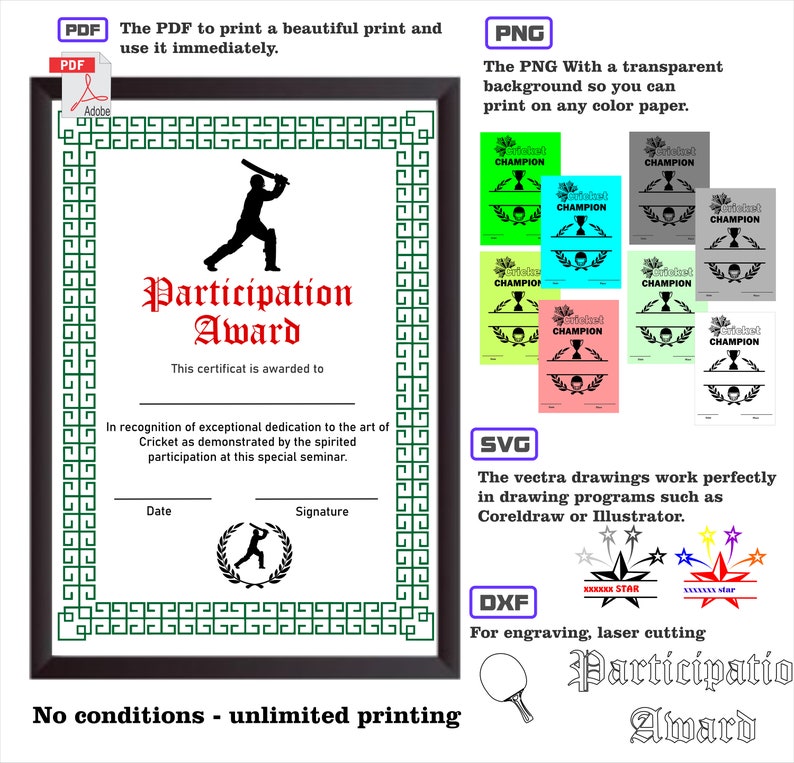 Unique Cricket Certificates as Pdf-dxf-svg-png Files for Direct ...