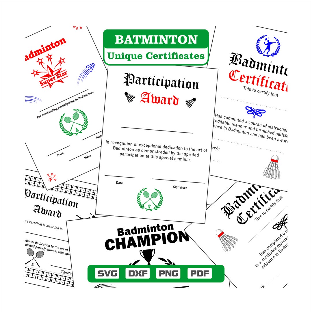 Unique Badminton Certificates as Pdf-dxf-svg-png Files for Direct ...