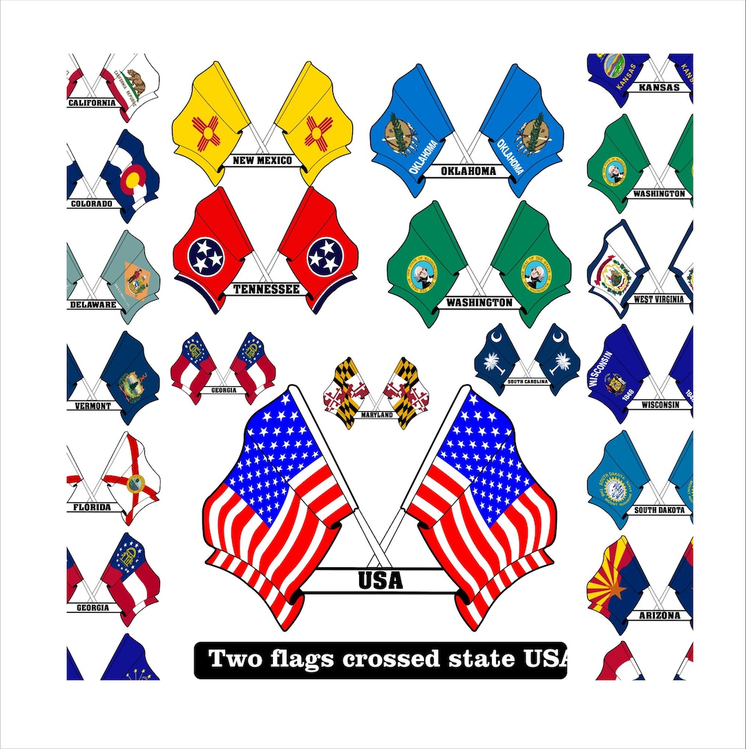 All 50 USA States Flags, Two Flags Crossed and State Name. Excellent ...