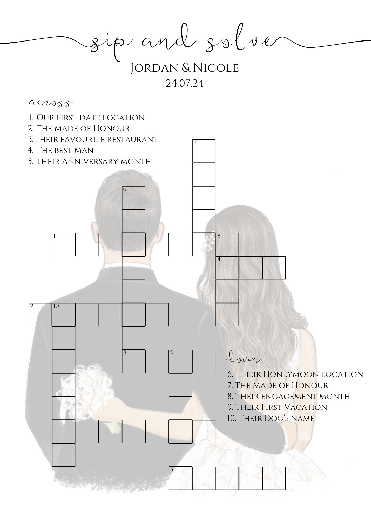 Editable Sip and Solve Wedding Bridal Shower Crossword- Custom Sip and ...