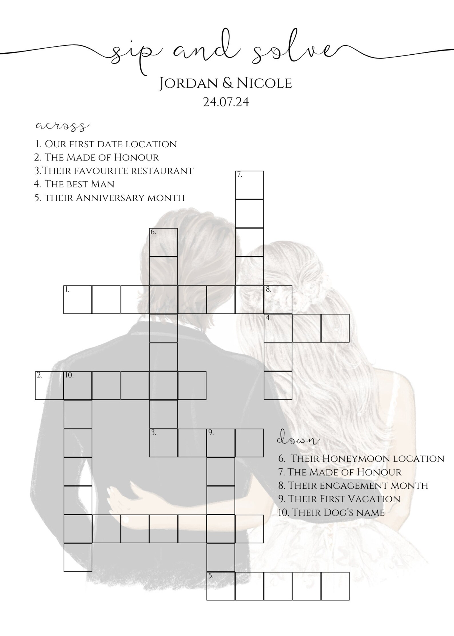 Editable Sip and Solve Wedding Bridal Shower Crossword- Custom Sip and ...
