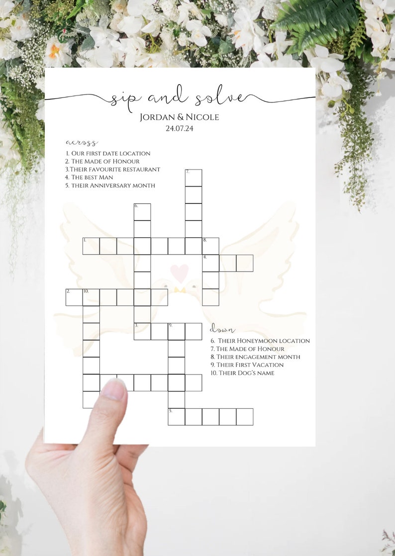 Editable Sip and Solve Wedding Bridal Shower Crossword- Custom Sip and ...