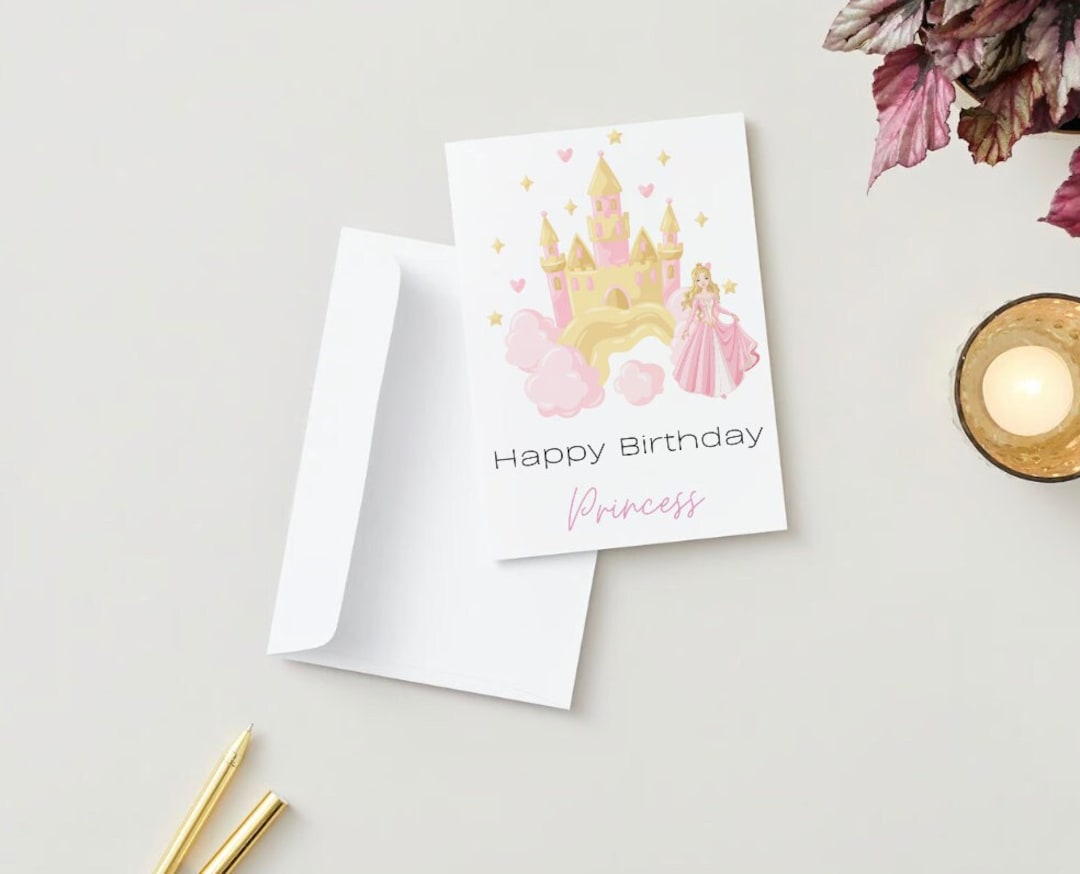 Princess Themed Birthday Card- Princess Castle and Pink Princess ...