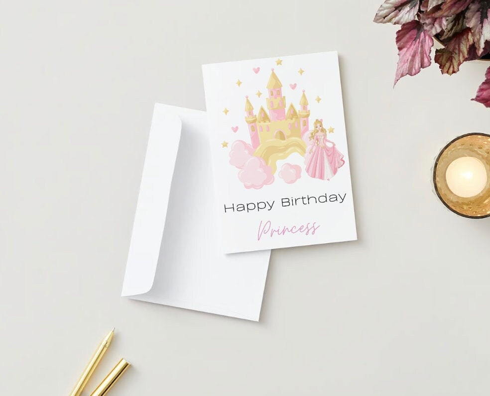 Princess Themed Birthday Card- Princess Castle and Pink Princess ...