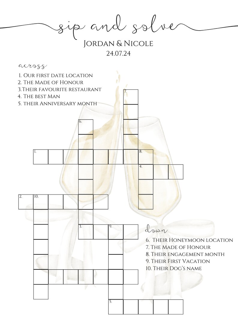 Editable Sip and Solve Wedding Bridal Shower Crossword- Custom Sip and ...