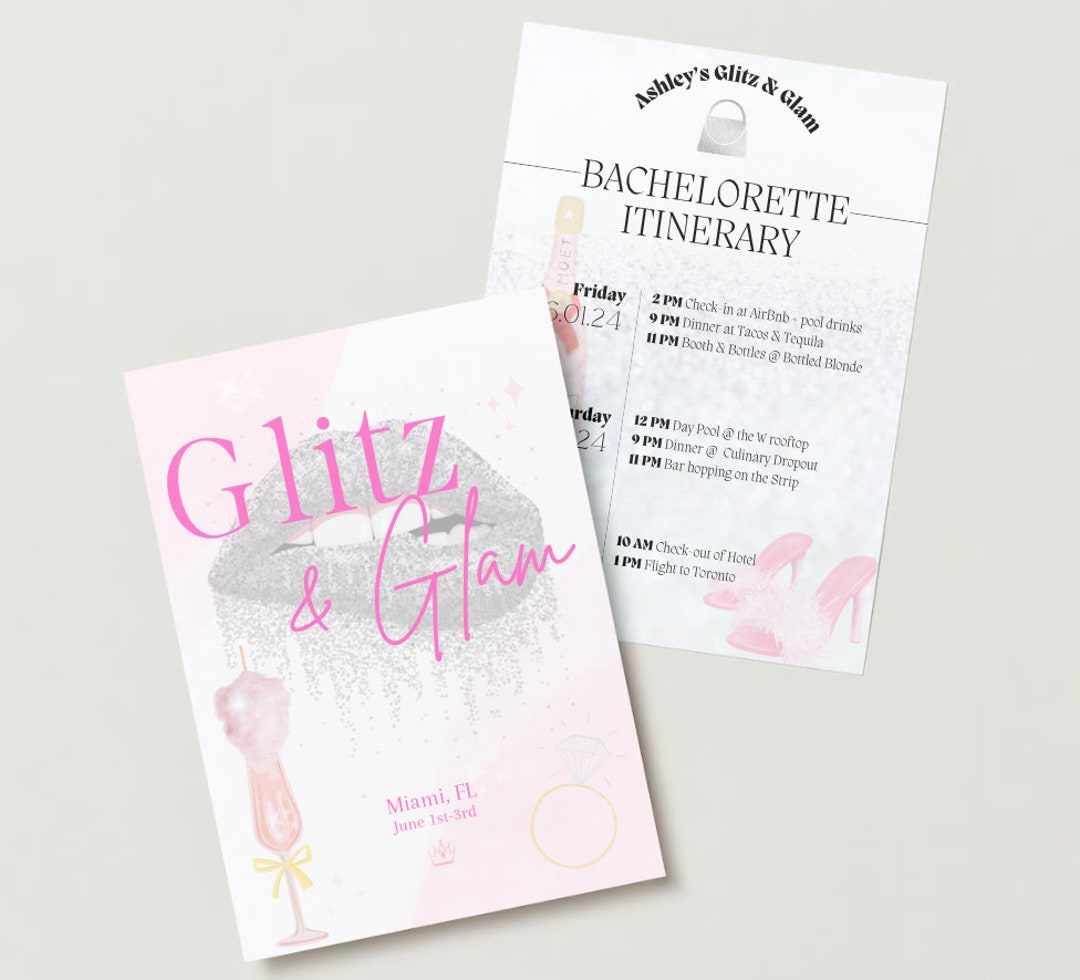 Glitz & Glam Bachelorette Hen Invitation Itinerary Template, Glitz and ...