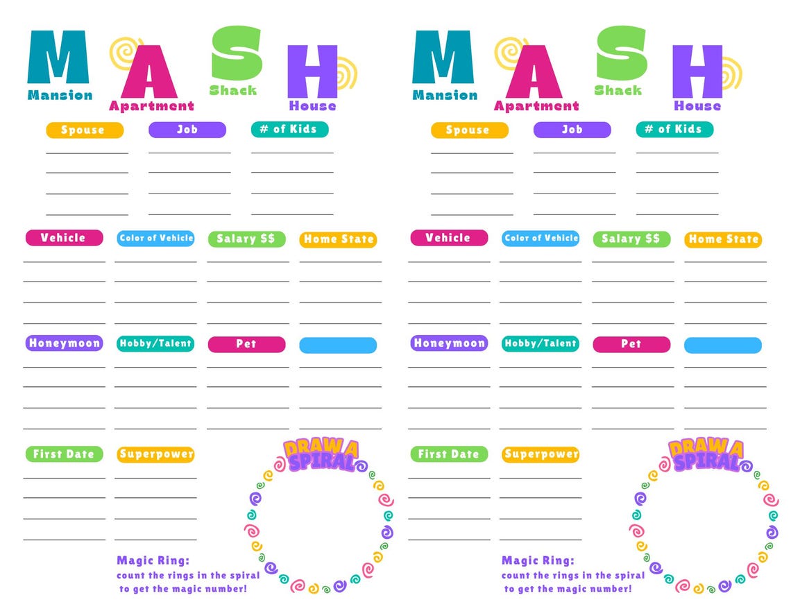 M.A.S.H. Game Printable | MASH Game 90s | Mansion Apartment Shack House ...