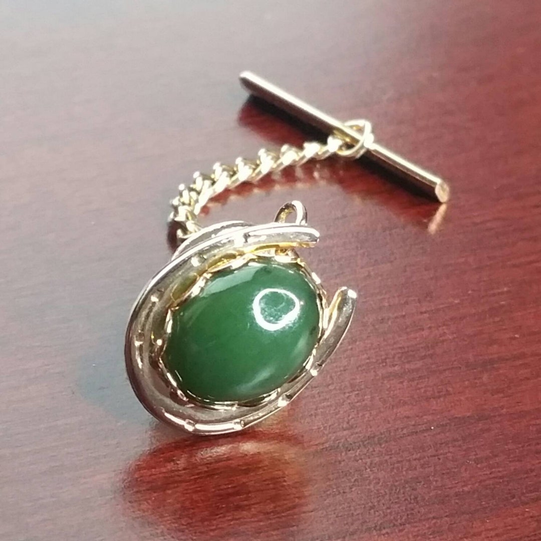 Vintage Jade Tie Tack, Lucky Horseshoe Tie Accessory, Gold Tone ...