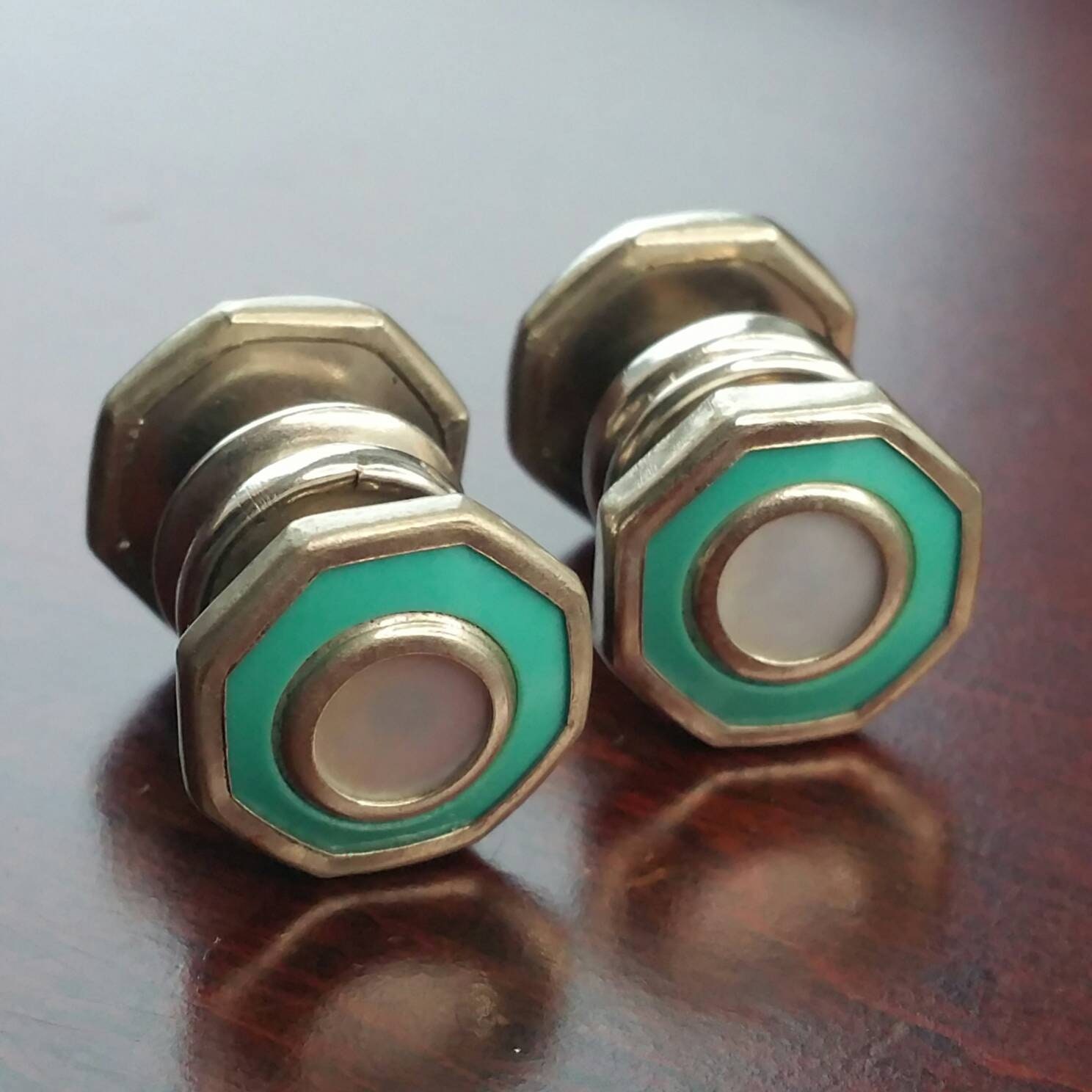 Vintage 1920's Snap Cufflinks, Teal Celluloid, Silver Tone Mother of ...