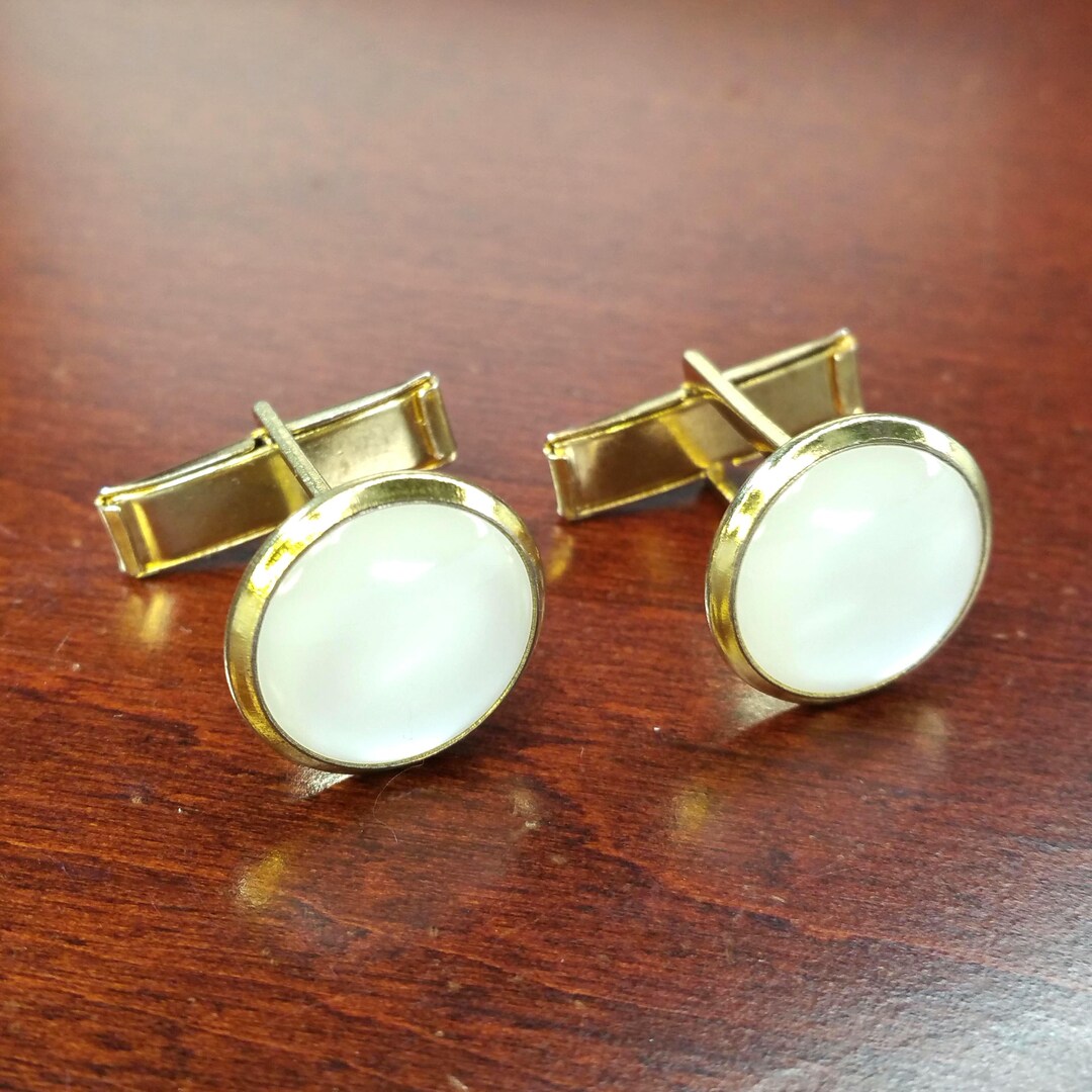 Vintage Tuxedo Cufflinks, Gold Tone & White Moonglow Suit Accessories ...