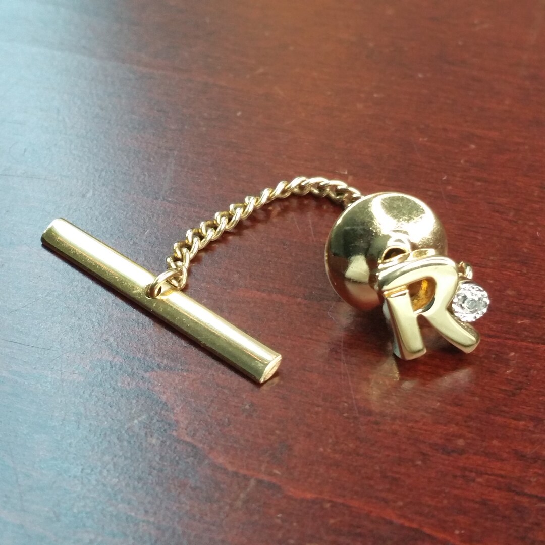 Letter R Tie Tack With Diamond Chip, Two Tone Gold Plate & Silver Tone ...